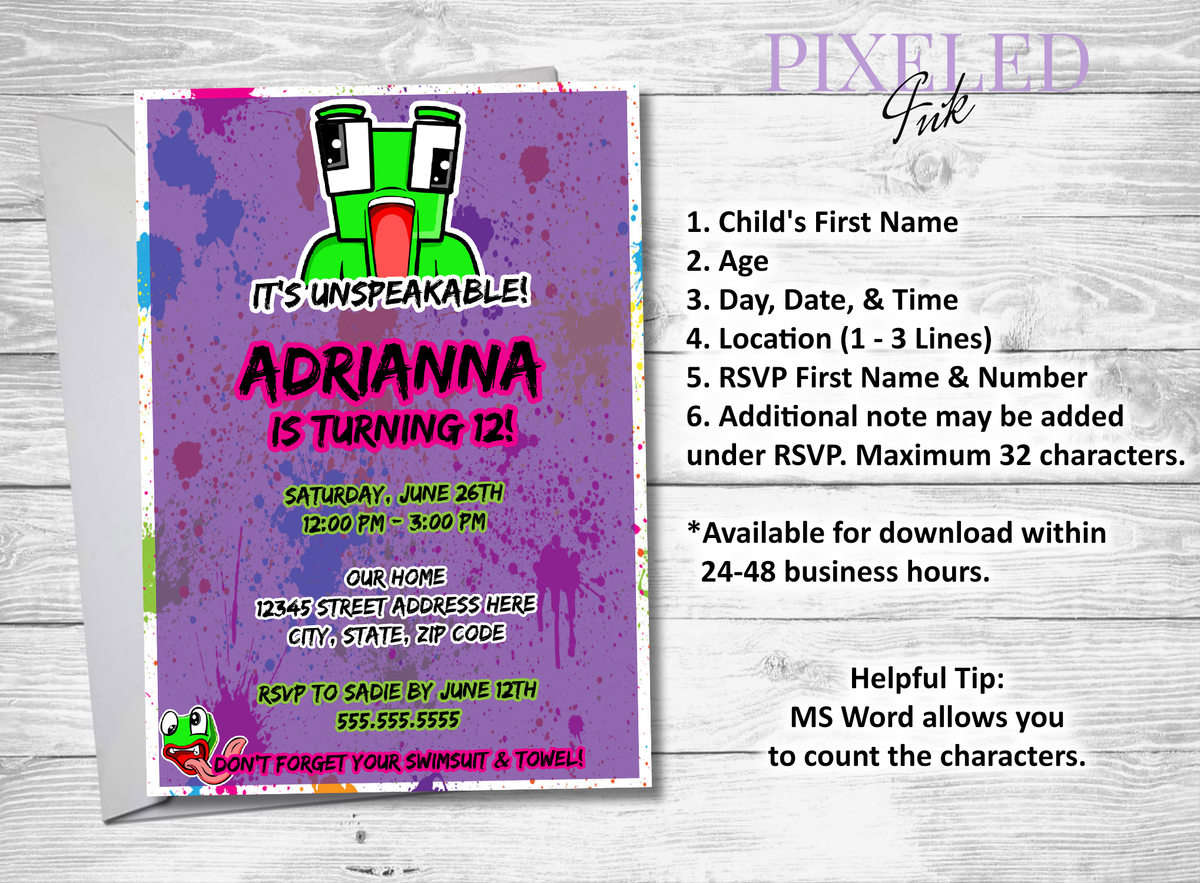 Unspeakable Birthday Invitation (P&G) - Printable File – Pixeled Ink