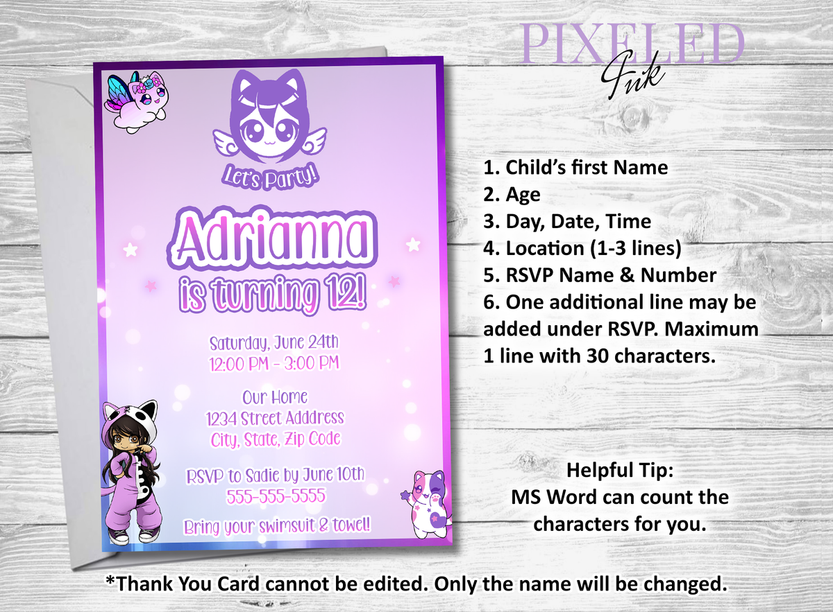 Aphmau Birthday Invitation (Bonus Thank You Card Included!) - Printabl ...